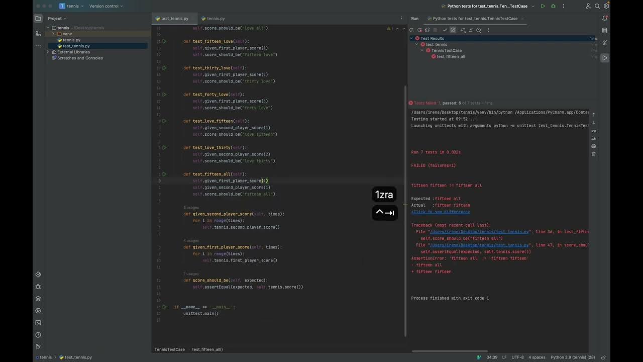 TDD Tennis Kata in Python with PyCharm V5 - YouTube