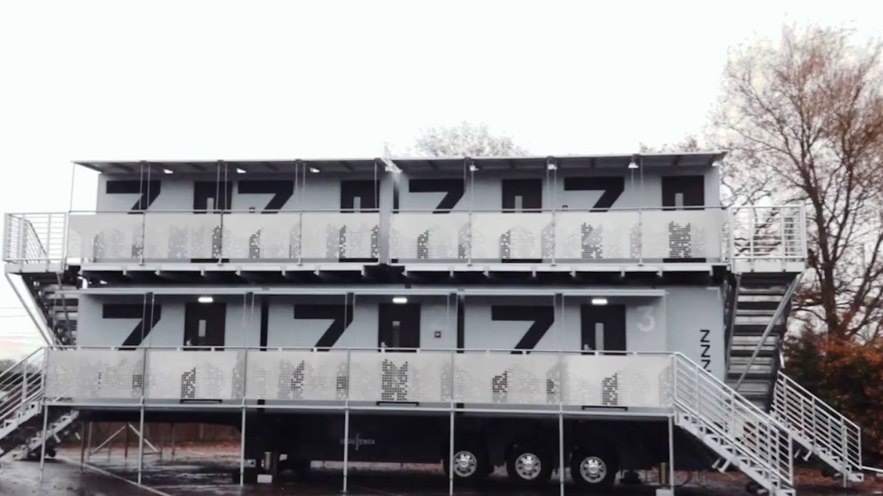 tangerine designs portable hotel rooms for Snoozebox hotel - YouTube