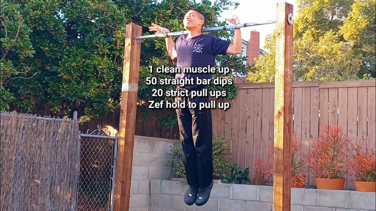 Cool down with muscle up to 50 bar dips to 20 pull ups to Zef hold to ...