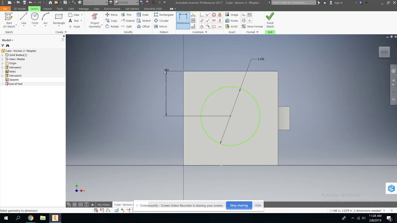 Intro to Inventor: Part 5: Cylinder extrusion with referenced ...
