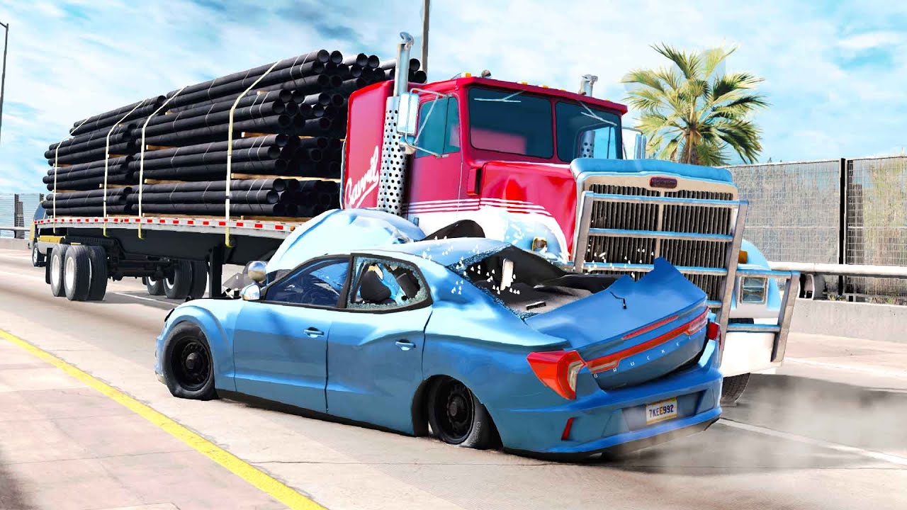 Cars Escaping from Heavy Double Flatbed Trailer Trucks Out of Control ...