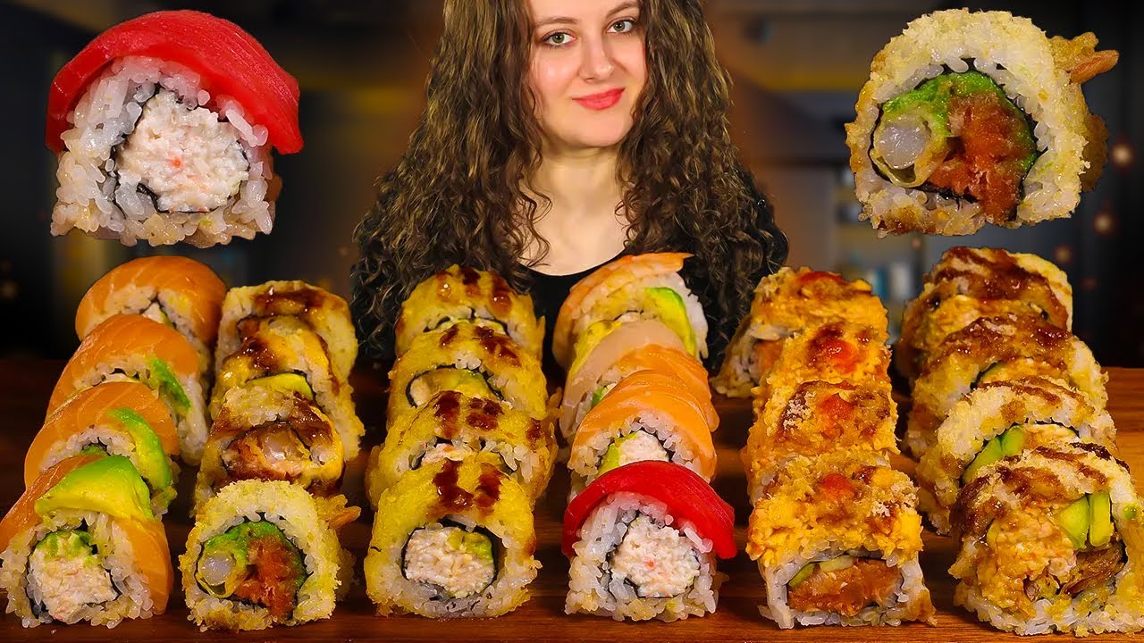 ASMR SUSHI PLATTER MUKBANG | EATING SUSHI ROLLS CHALLENGE CRUNCHY BIG ...