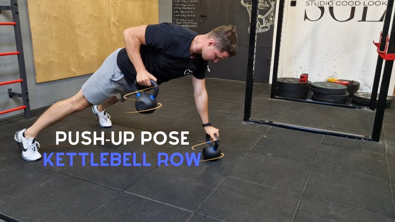 Push-up pose kettlebell row / Wiosłowanie w podporze przodem na ...