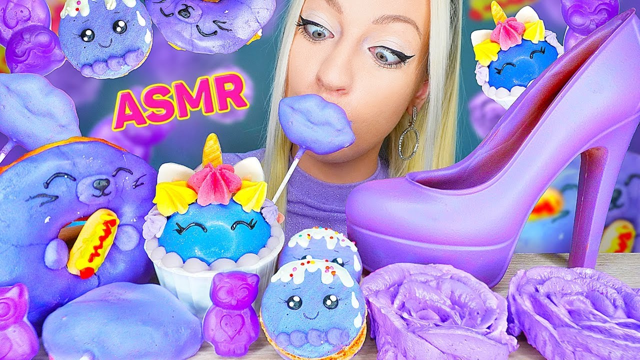 ASMR EATING PURPLE FOOD, EDIBLE SHOES, MARSHMALLOW, CAKE POPS 디저트 먹방 ...