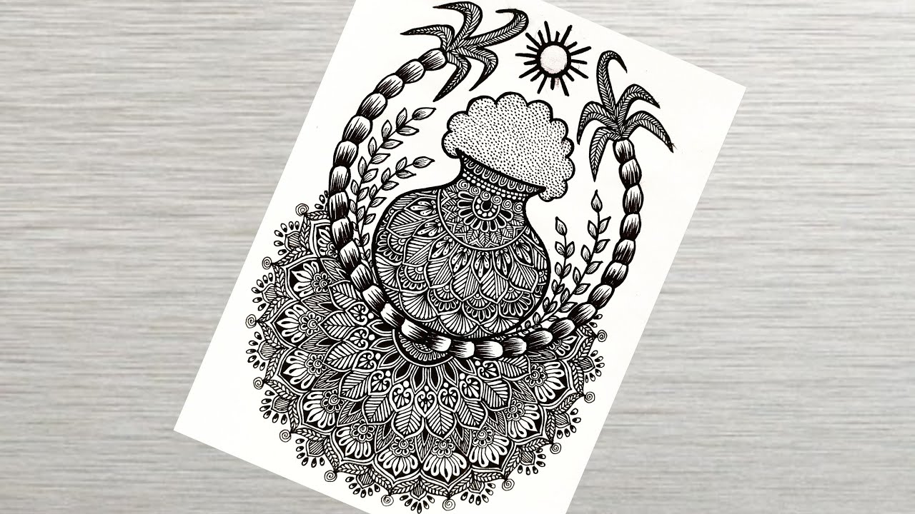 Pongal Pot Drawing | Pongal pot with mandala art | Pongal pot mandala ...