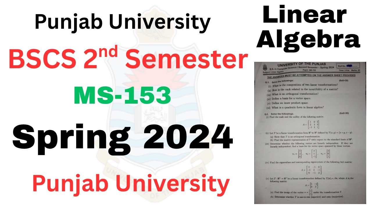 BSCS 2nd Semester Linear Algebra Spring 2024 Paper PU | BSCS Math Paper ...