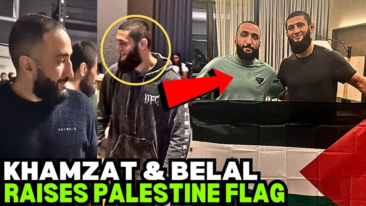 Khamzat Chimaev MEETS Belal Muhammad And Raises The Palestine Flag At ...