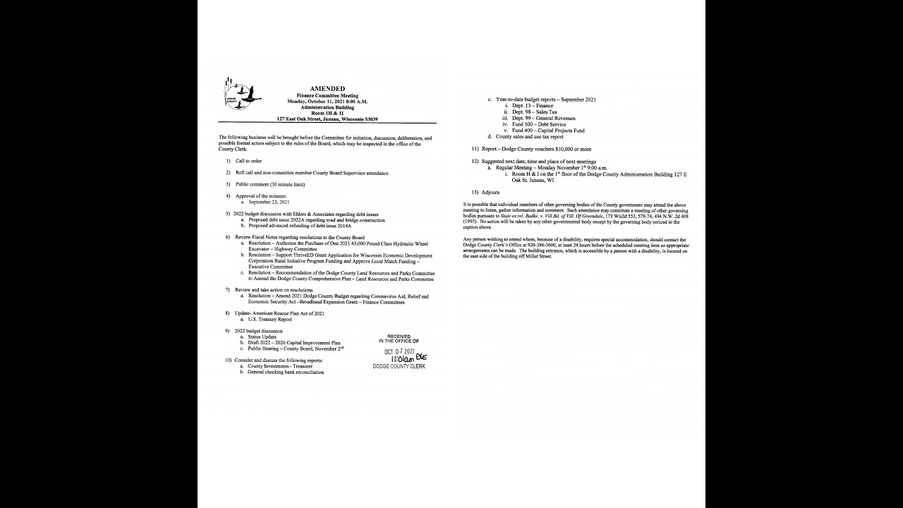 Finance Committee Meeting- October 11,2021 8am-Including an ...