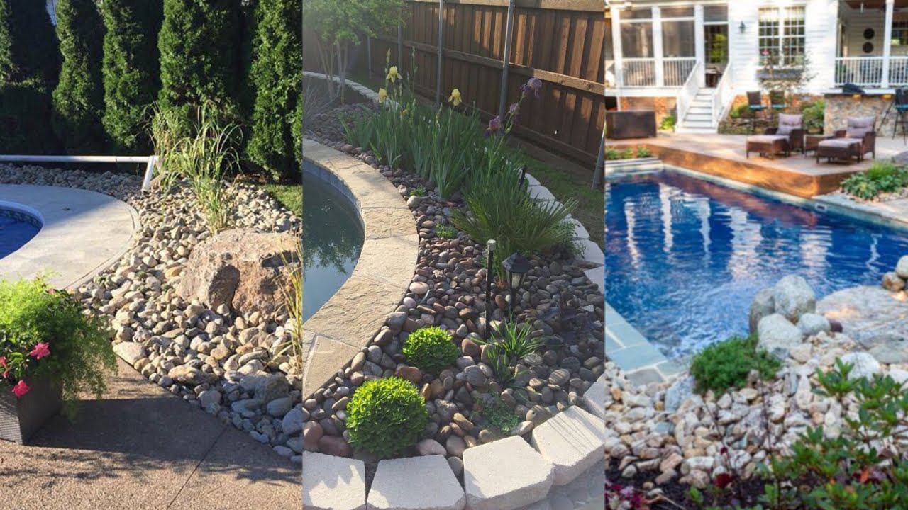 Rock around pool landscape design | Backyard with pool landscaping ...