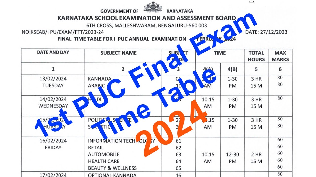 1st PUC Final Exam Time Table 2024 | PUC 1st year Annual Exam ...