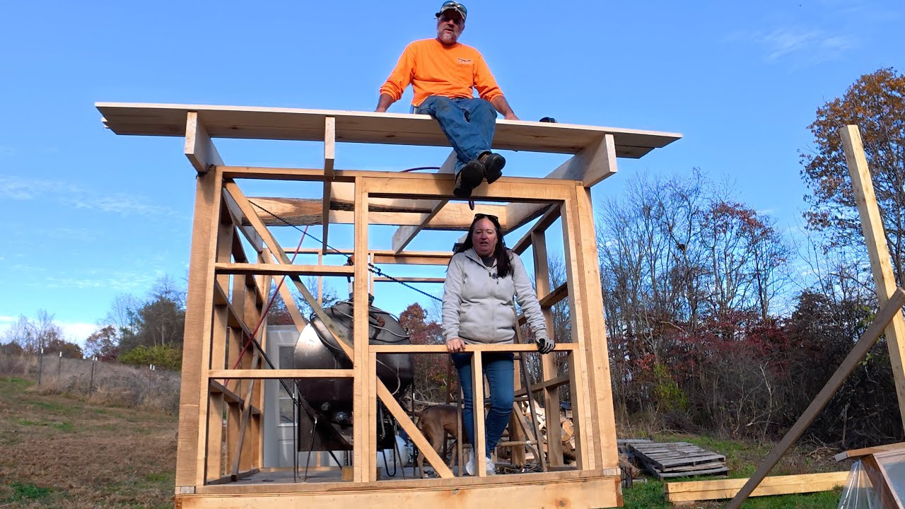 Woodburning Boiler Shed Build Part 5: Raising the Roof - YouTube