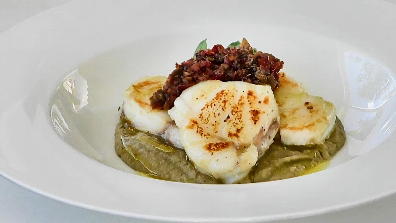 Italian Food Recipes. Monkfish with Cream of Eggplant and Tapenade ...
