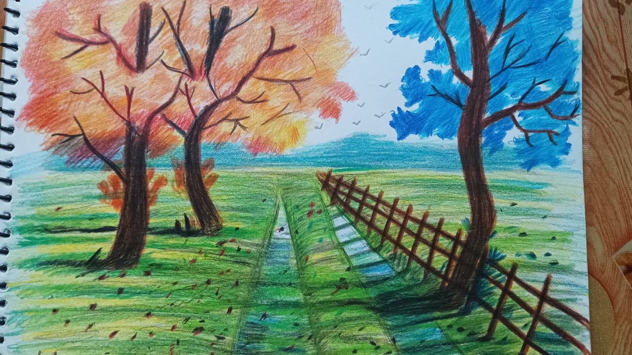 How To Draw Beautiful Nature Scenery With Pencils Color // nature art ...