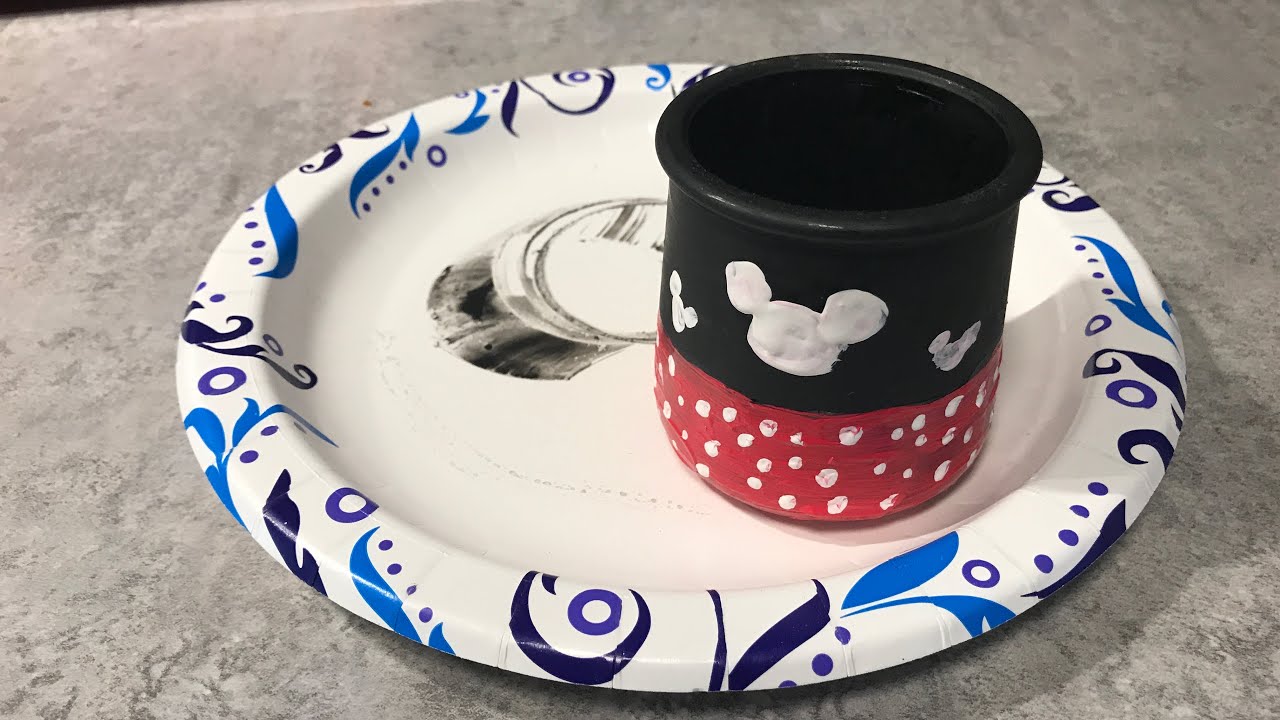 Making A Mickey Mouse Flower Pot Out Of A Glass Yogurt Jar - YouTube