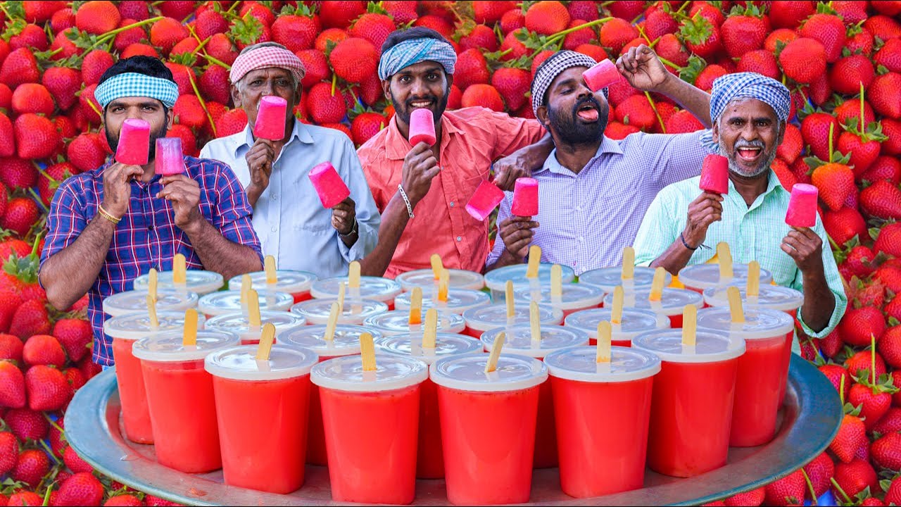 STRABERRY ICE | Strawberry Milkshake | Village Cooking | Kuchi Ice ...