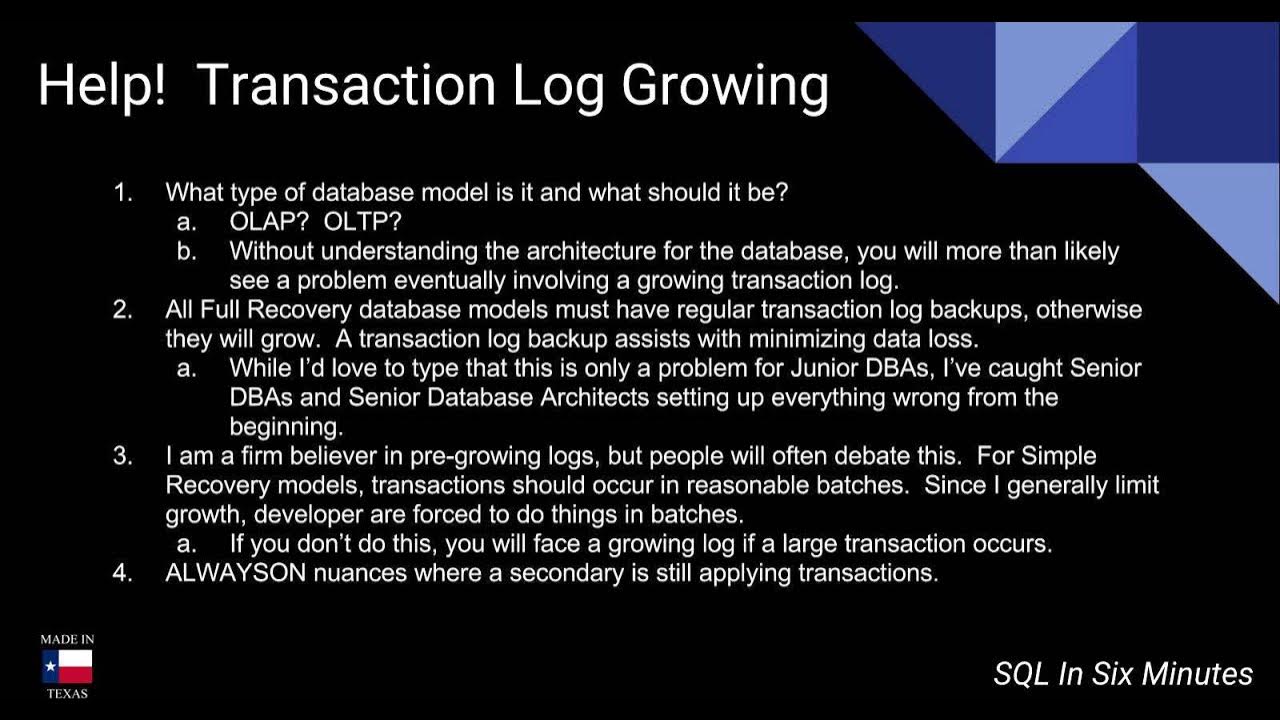 TSQL: Transaction Log Growing Too Big - YouTube