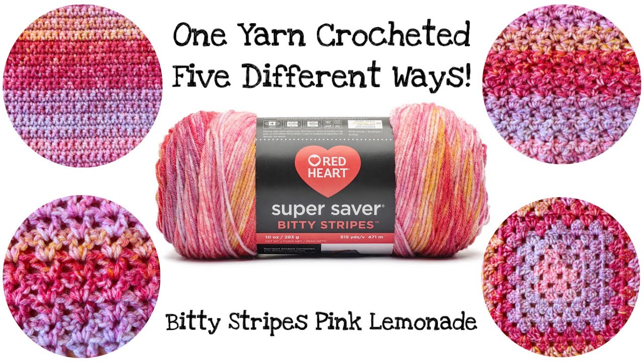 One Yarn Crocheted Five Different Ways! Red Heart Bitty Stripes Pink ...
