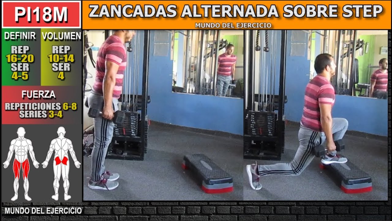 PI18M Zancada alternada sobre step con mancuernas - YouTube