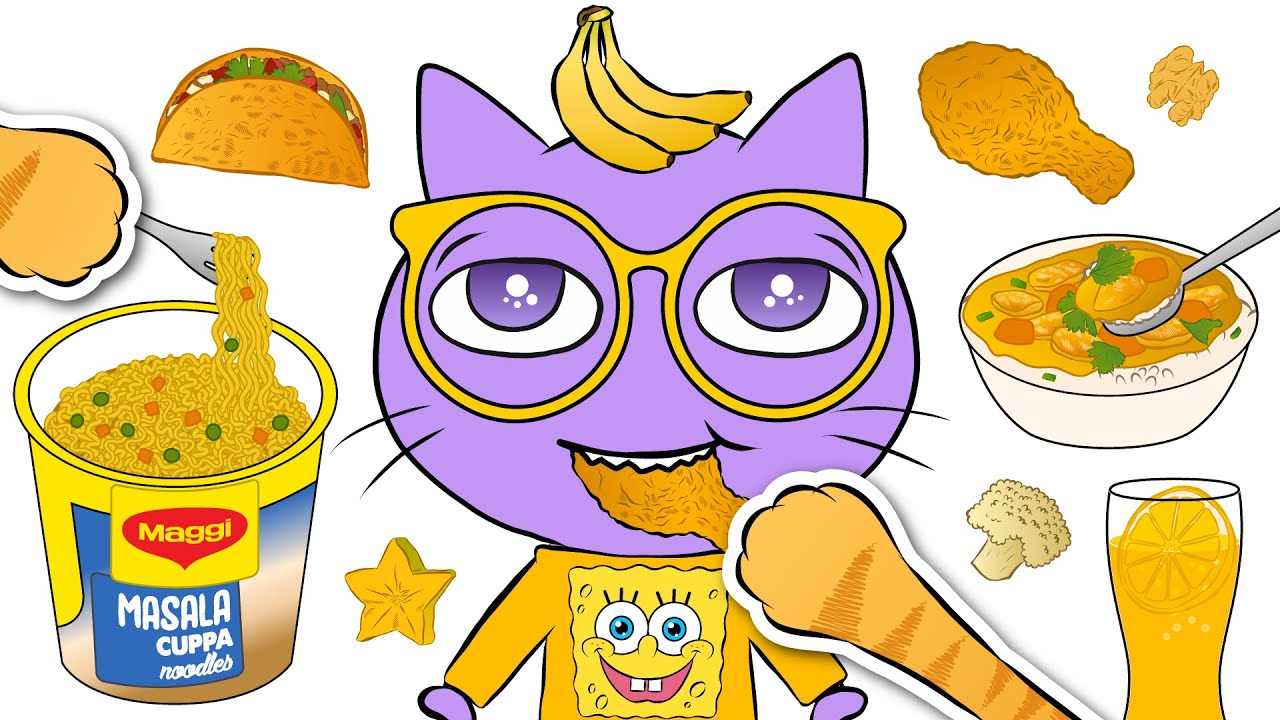 ASMR cartoon cat yellow food mukbang animation - YouTube