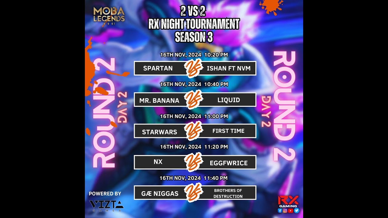2V2 RX NIGHT TOURNAMENT SEASON 3 ROUND 2 DAY 2 l MOBA LEGEND 5V5 ! l RX ...