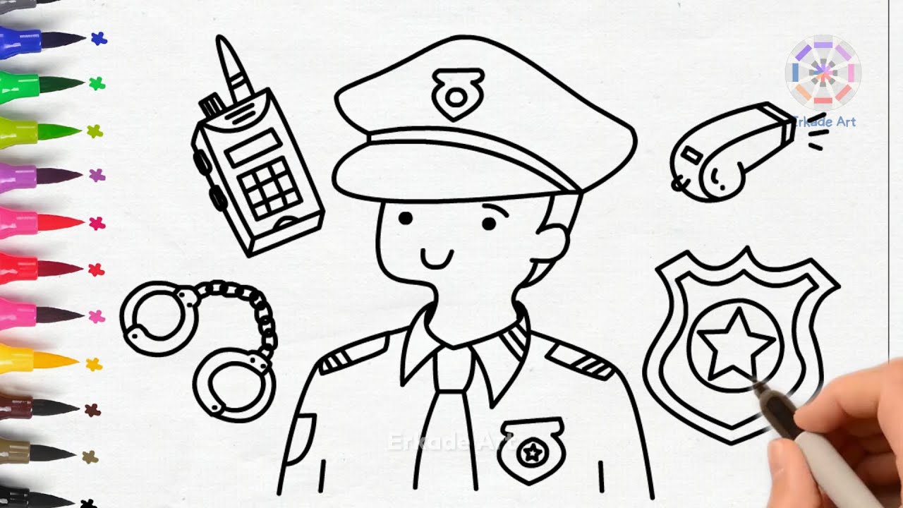 How To Draw Cartoon Police Officer and Police Equipments Easy Drawing ...