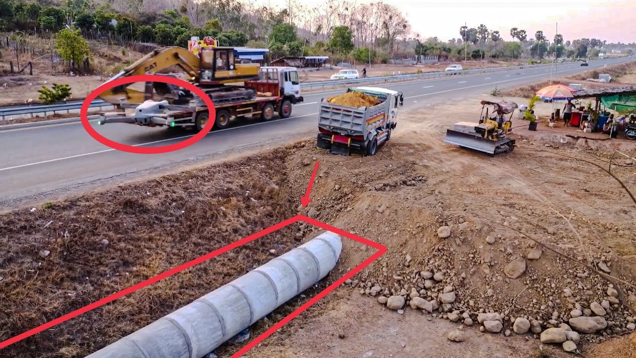 Add soil equal to the of the Above the drain by bulldozer komat'su ...