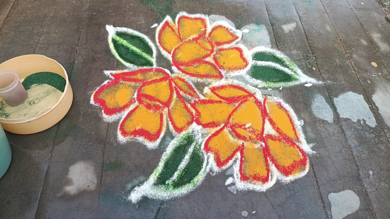 beautiful flower rangoli with 5*3 dots🌹rose flower rangoli 🌹 colourful ...