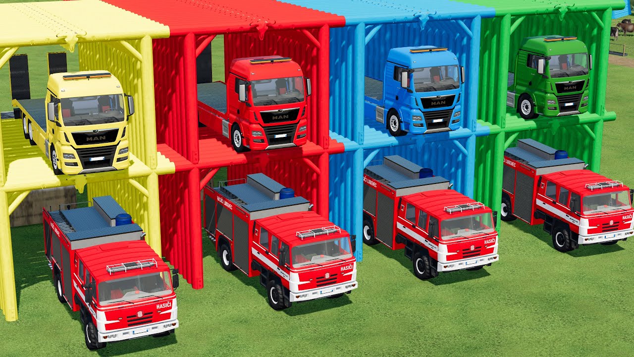 TRANSPORT OF COLORS ! FIRE TRUCKS TRANSPORTING with COLORED TRUCKS ...
