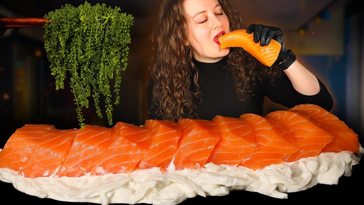 ASMR SALMON | CREAMY ONION SALAD | SEA GRAPES | ASMR FOOD | ASMR EATING ...