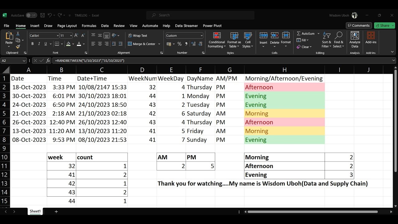 MS EXCEL AUTO GENERATED DATE & TIME & EXTRACTION OF MONTH, WEEK, DAY ...