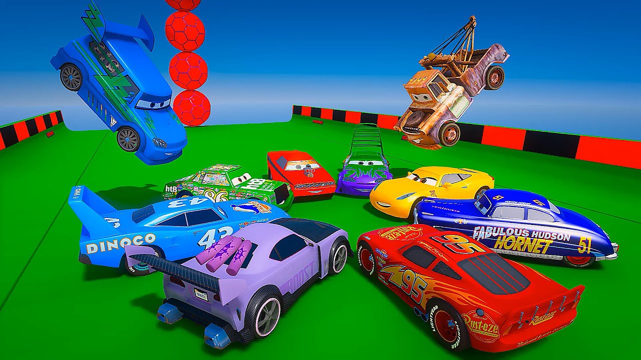 Cars on the Road Challenge on ramps with McQueen The King Tow Truck ...