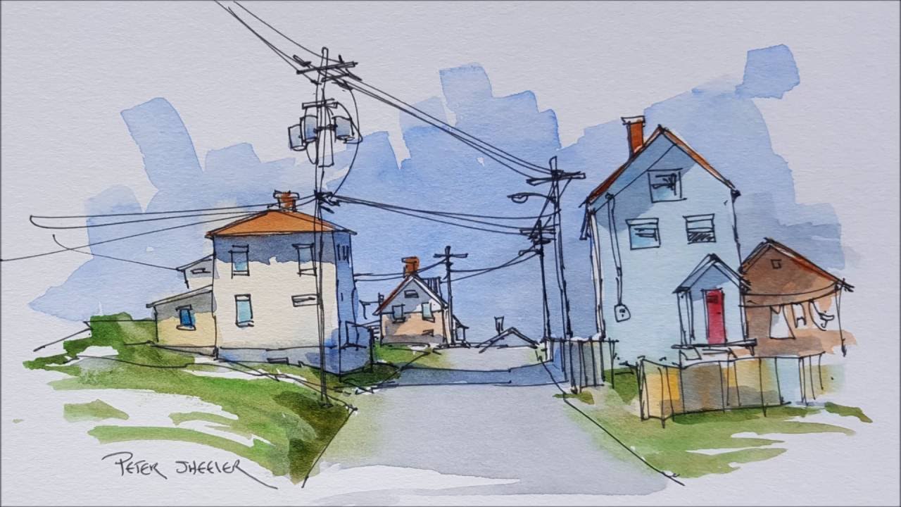 A virtual Urban Sketch of a street in Bonavista Newfoundland. A pen and ...