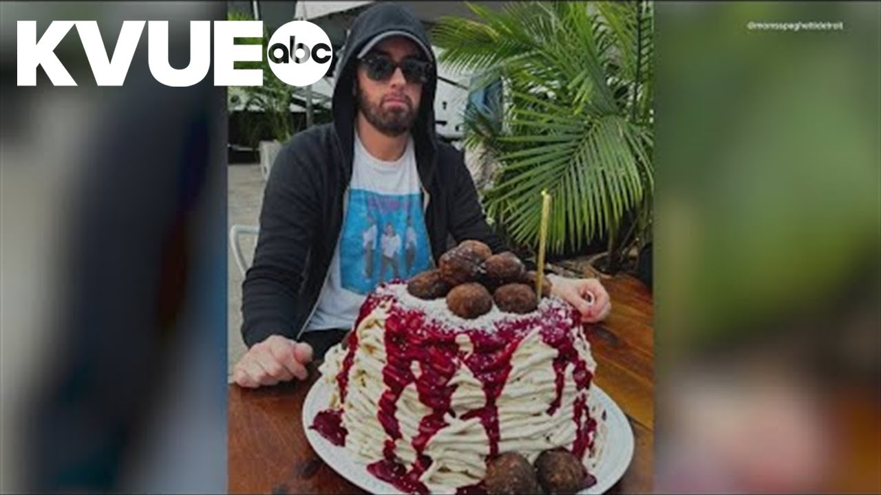 Eminem eats custom 'mom's spaghetti' birthday cake in Austin - YouTube