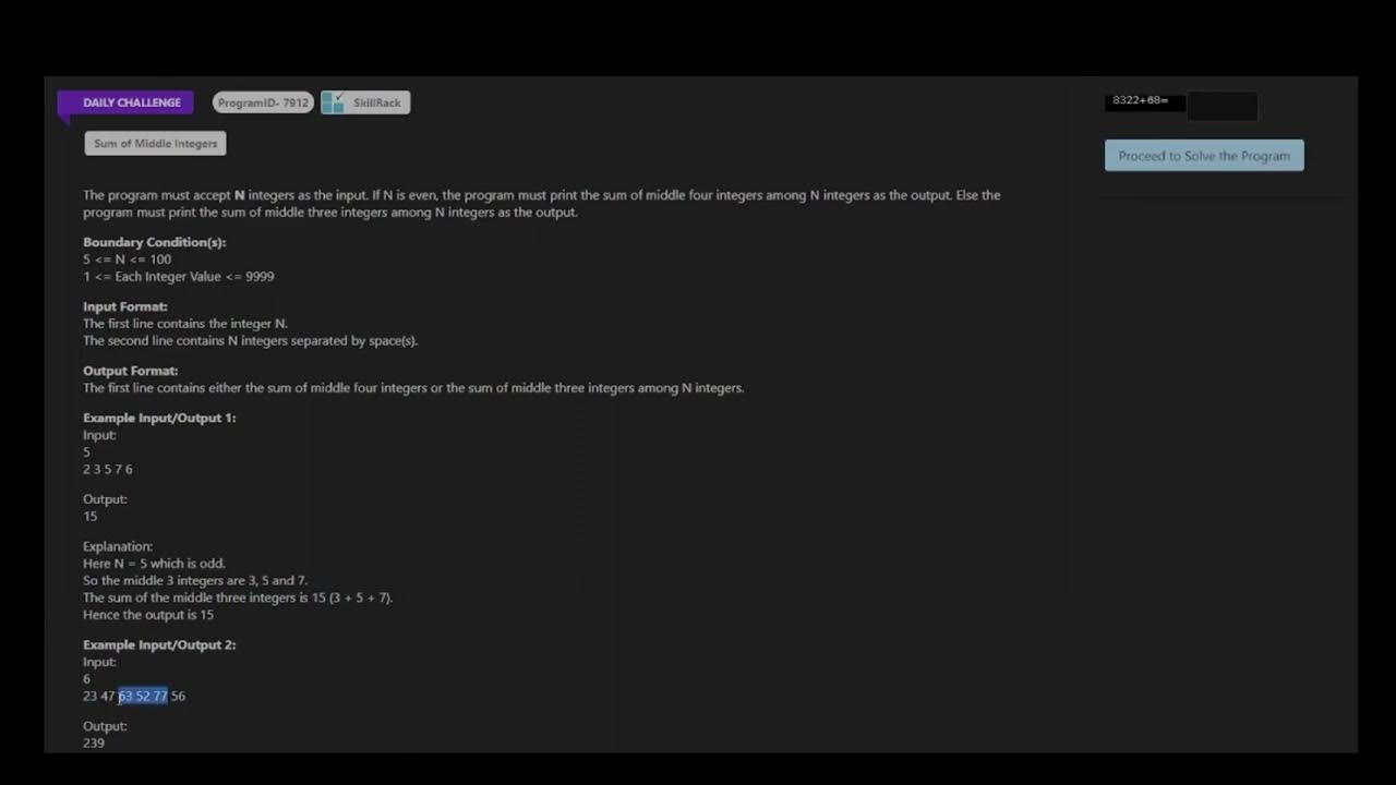 SkillRack-Daily Challenge -Sum of Middle Integers (Program Id: 7912) 10 ...