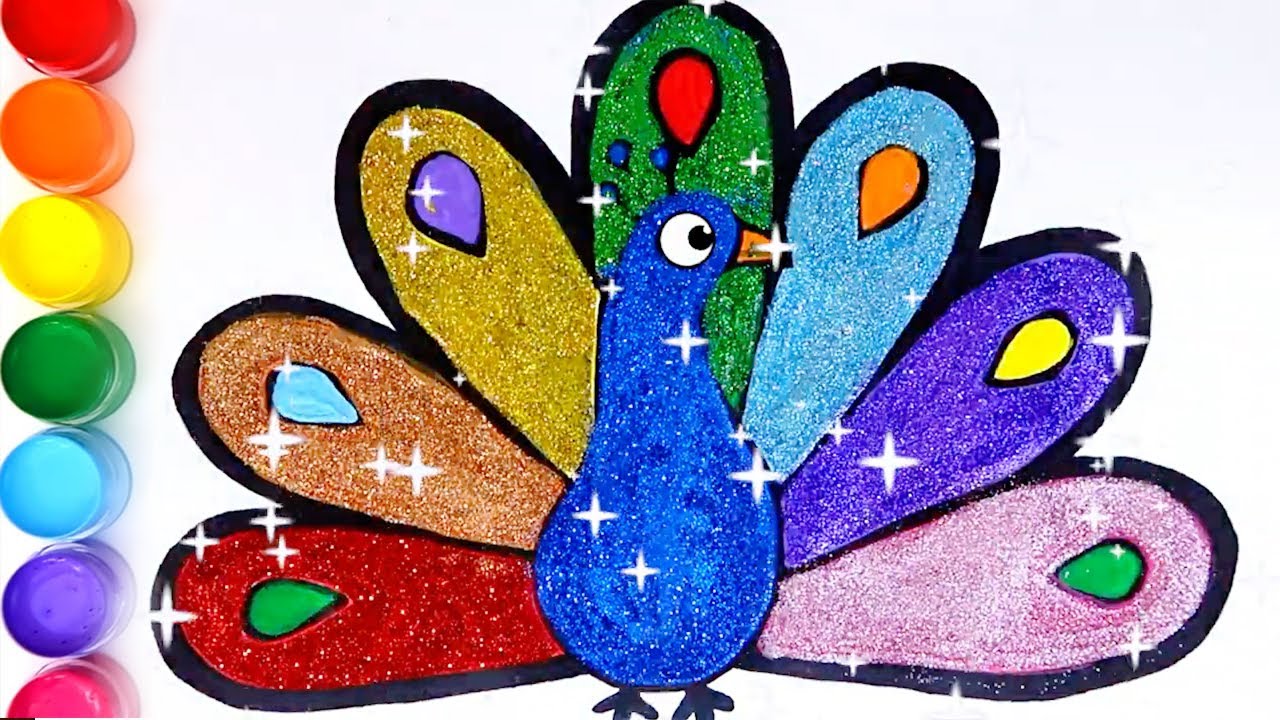 Glitter peacock drawing and colouring for Kids | Learn colors for ...