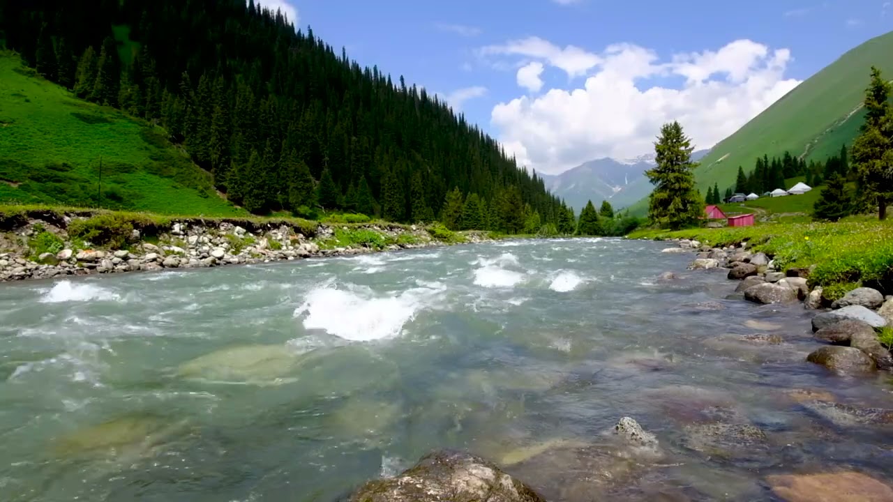 A Mountain River in Tianshan China 4k UHD. Relaxing River Water Noise ...