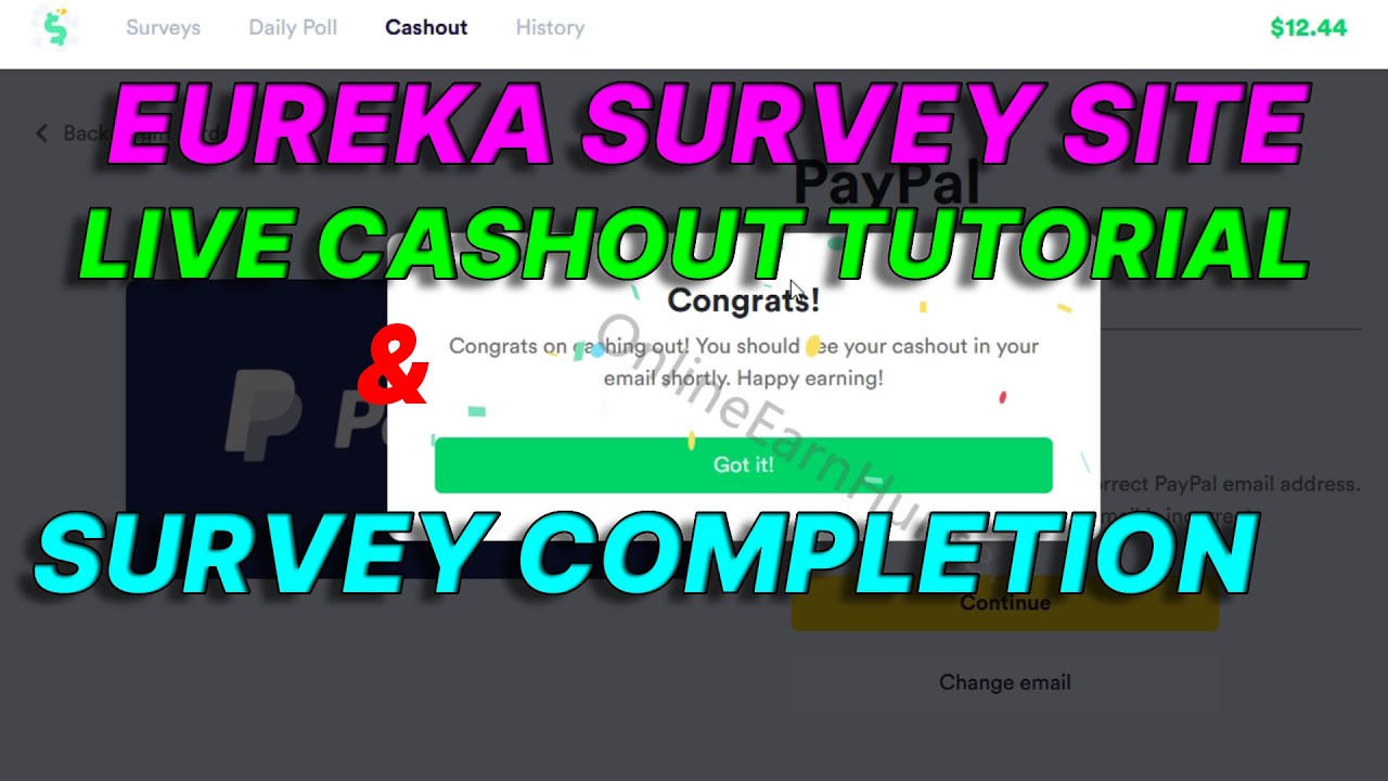 EUREKA Survey Live Cashout & Survey Completion Tutorial. - YouTube