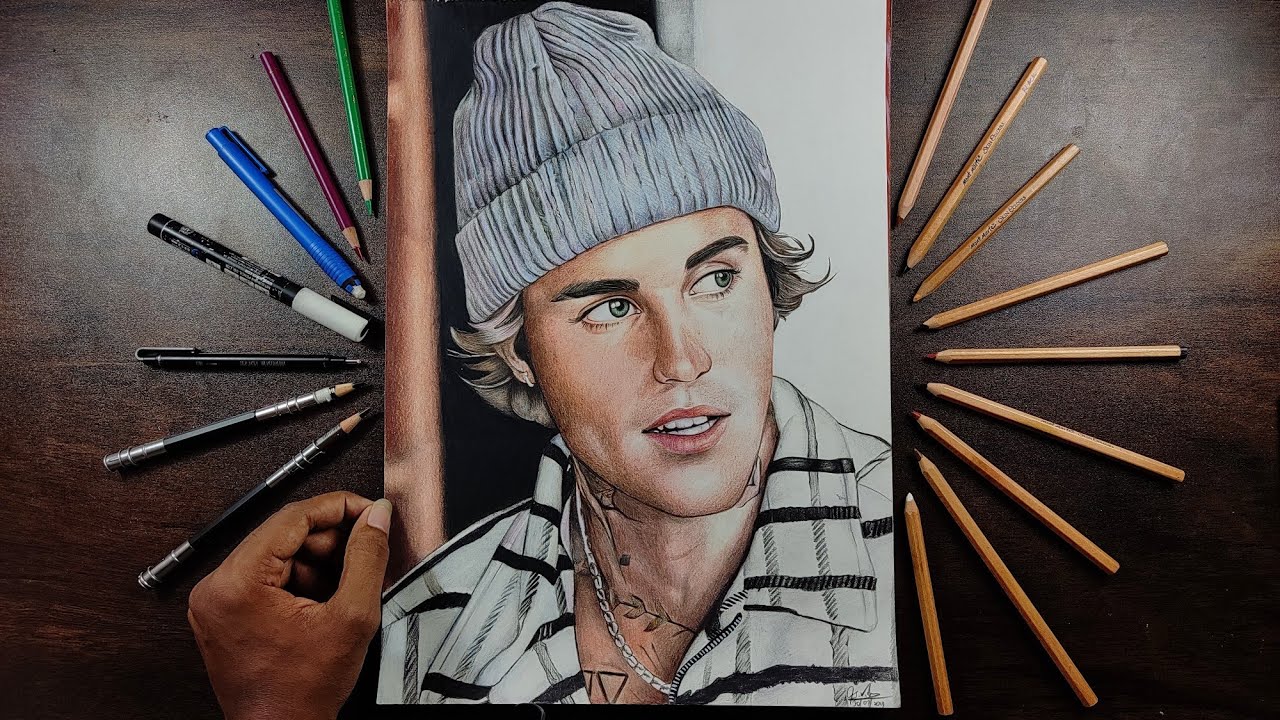 Justin Bieber Drawings Justin Bieber Portrait Drawing With Light Blue
