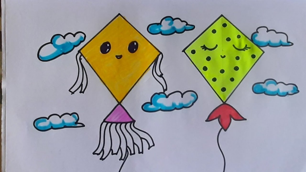 How to draw a kite / Makar Sankranti Drawing, Uttarayan chitra kite ...