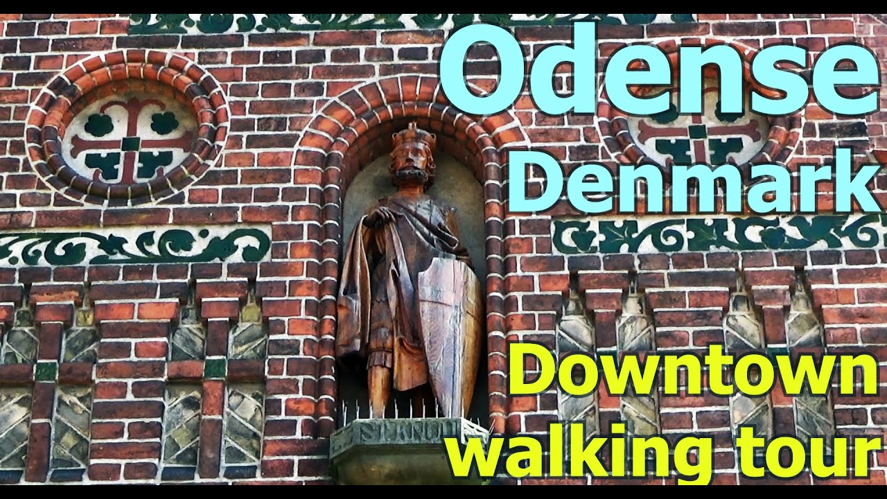 Odense, Denmark, downtown walking tour. Many views with big optical ...