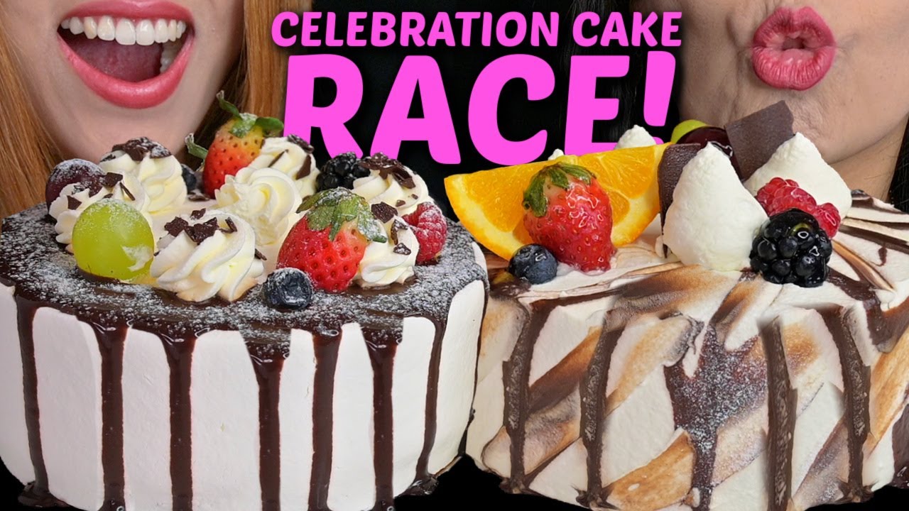 ASMR CELEBRATION CAKE RACE EATING COMPETITION! LOSER HAS TO BUY A FEAST ...