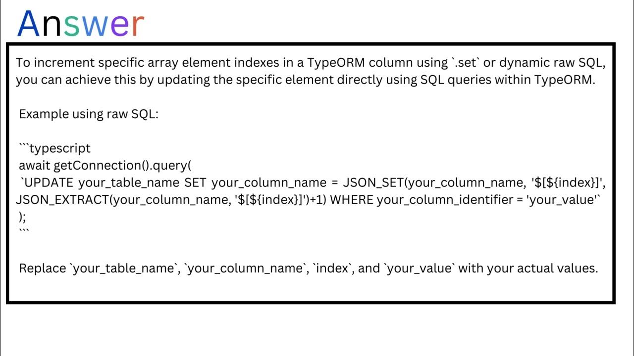 How to increment specific array element indexes in a TypeORM column using `.set` or dynamic raw ...