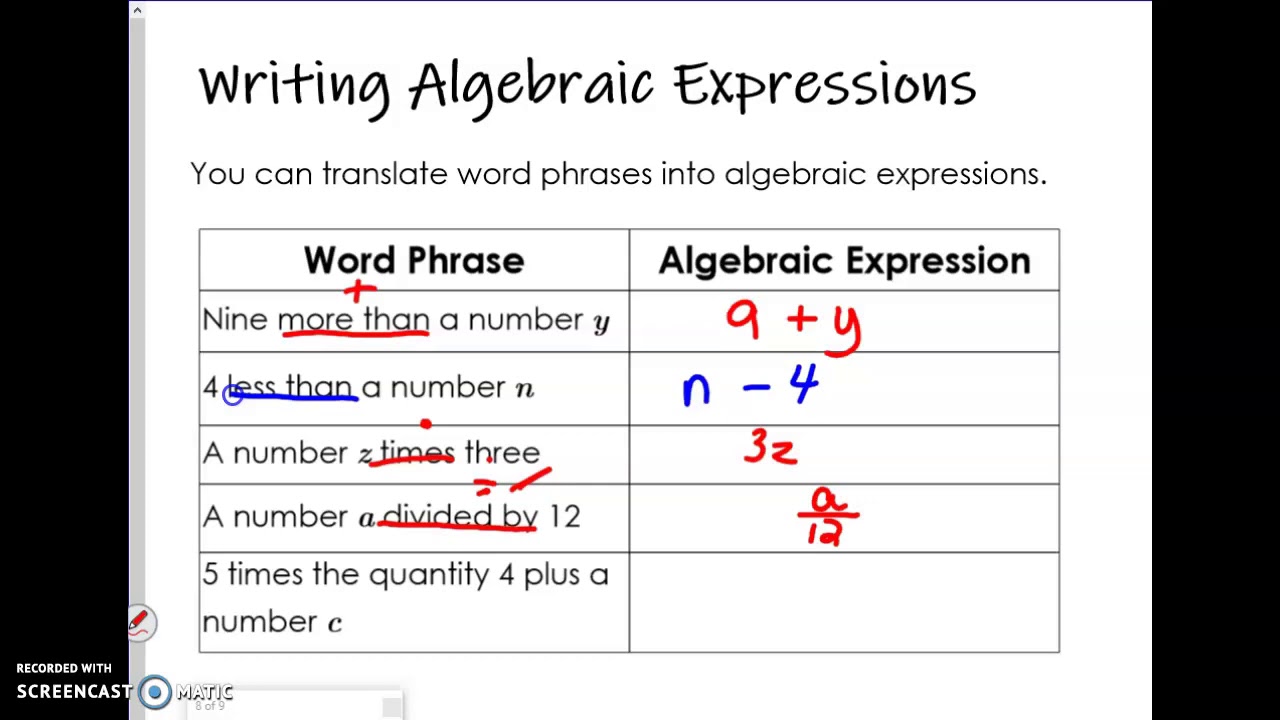 1 1 Writing Algebraic Expressions YouTube