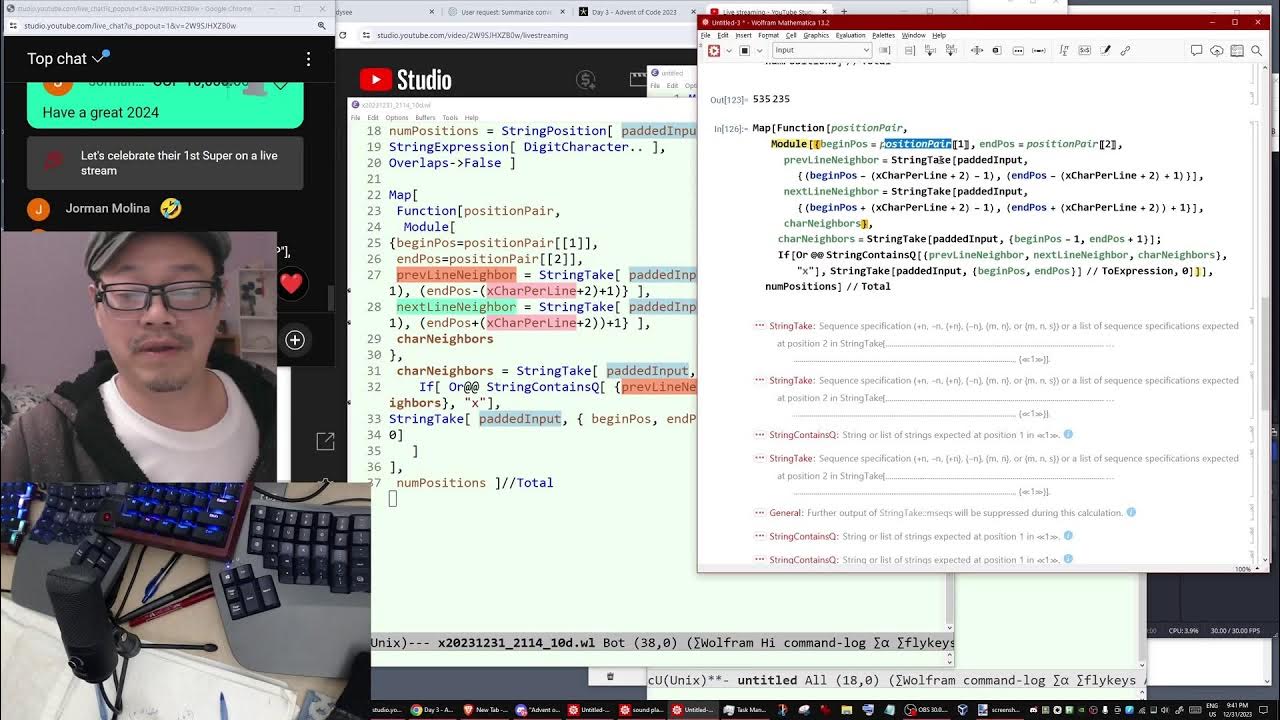 Xah Talk Show 2023-12-31, Advent of Code Day 3, Live Coding in WolframLang - YouTube