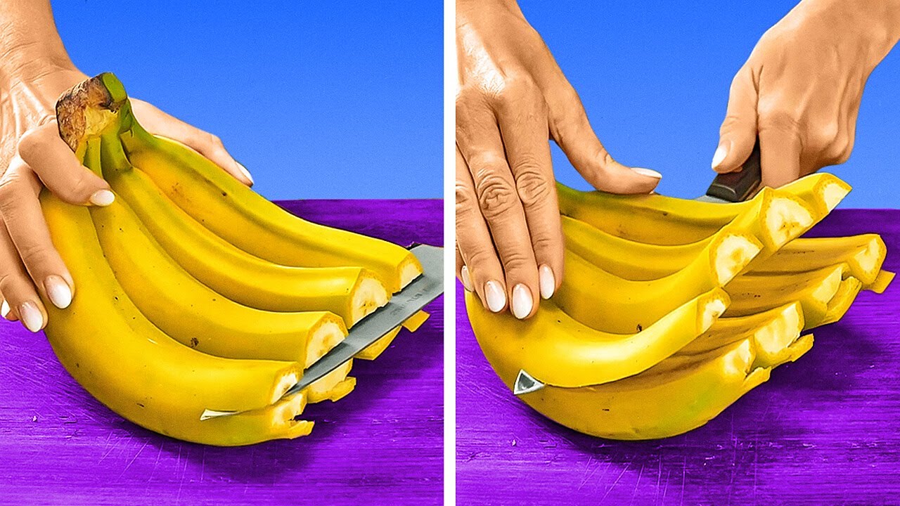 Banaan pellen en snijden 🍌🍌🍌 Hoe fruit en groenten pellen en snijden 🍊 ...