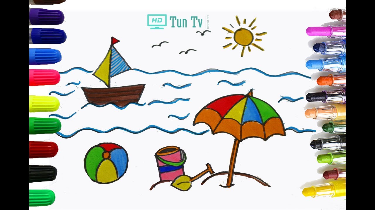 Draw Color Paint Summer Fun, Ball, Boat, Bucket, Umbrella Coloring ...