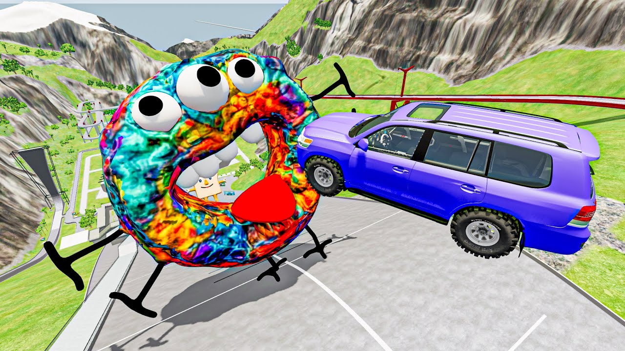 Modified cars vs Monster Donut | Long Ramp Jump crashes | Beamng Drive ...