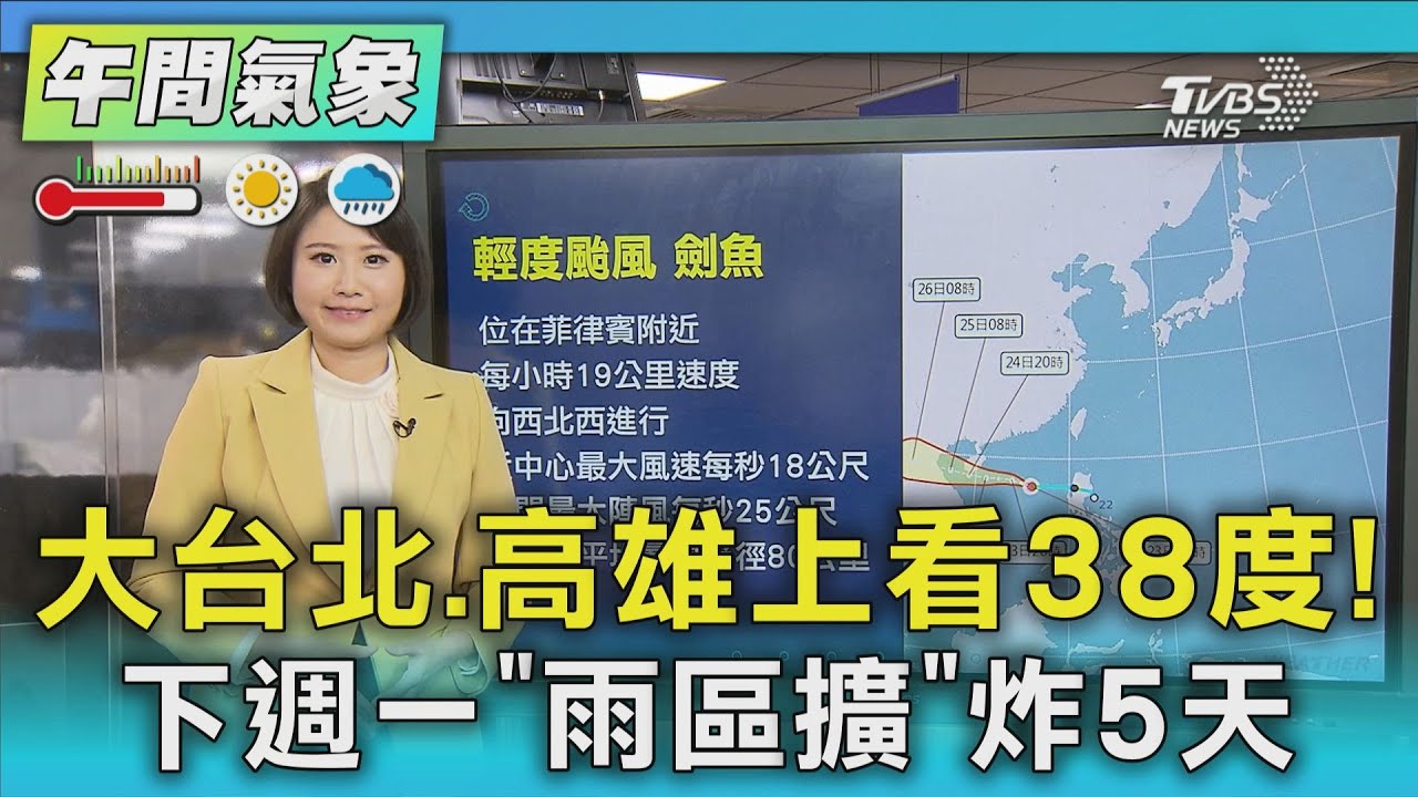 天氣/大台北.高雄上看38度! 下週一「雨區擴」炸5天｜氣象主播 劉育瑄｜午間氣象｜TVBS新聞20250823 @TVBSNEWS01│TVBS新聞網