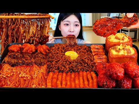 ASMR MUKBANG| 직접 만든 불닭 짜장 버섯 소세지 스팸 먹방 & 레시피 SPICY MUSHROOM AND FIRE NOODLES EATING
