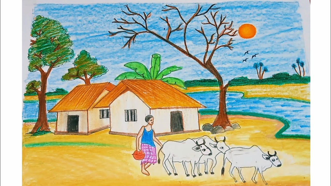 Drawing a beautiful village scenery step by step for beginners - YouTube